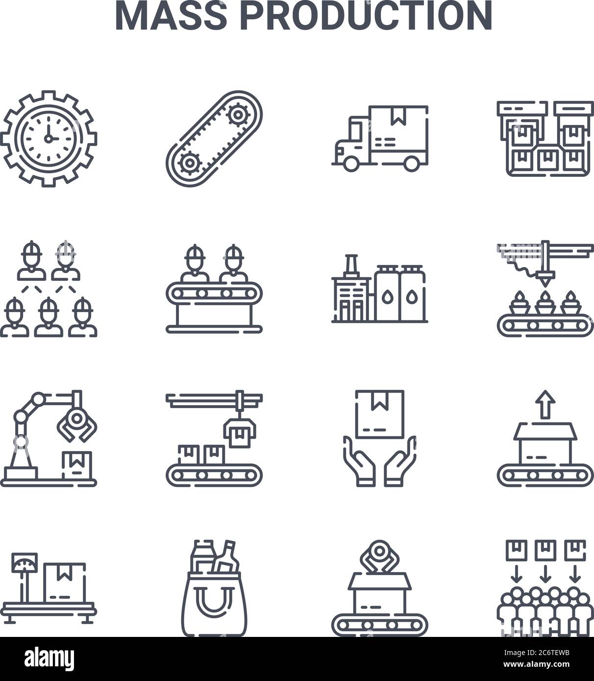 set of 16 mass production concept vector line icons. 64x64 thin stroke ...