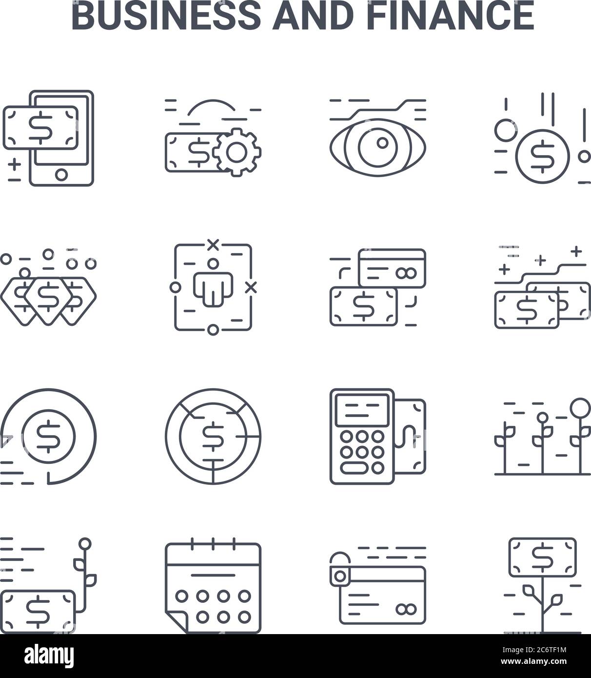 set of 16 business and finance concept vector line icons. 64x64 thin ...