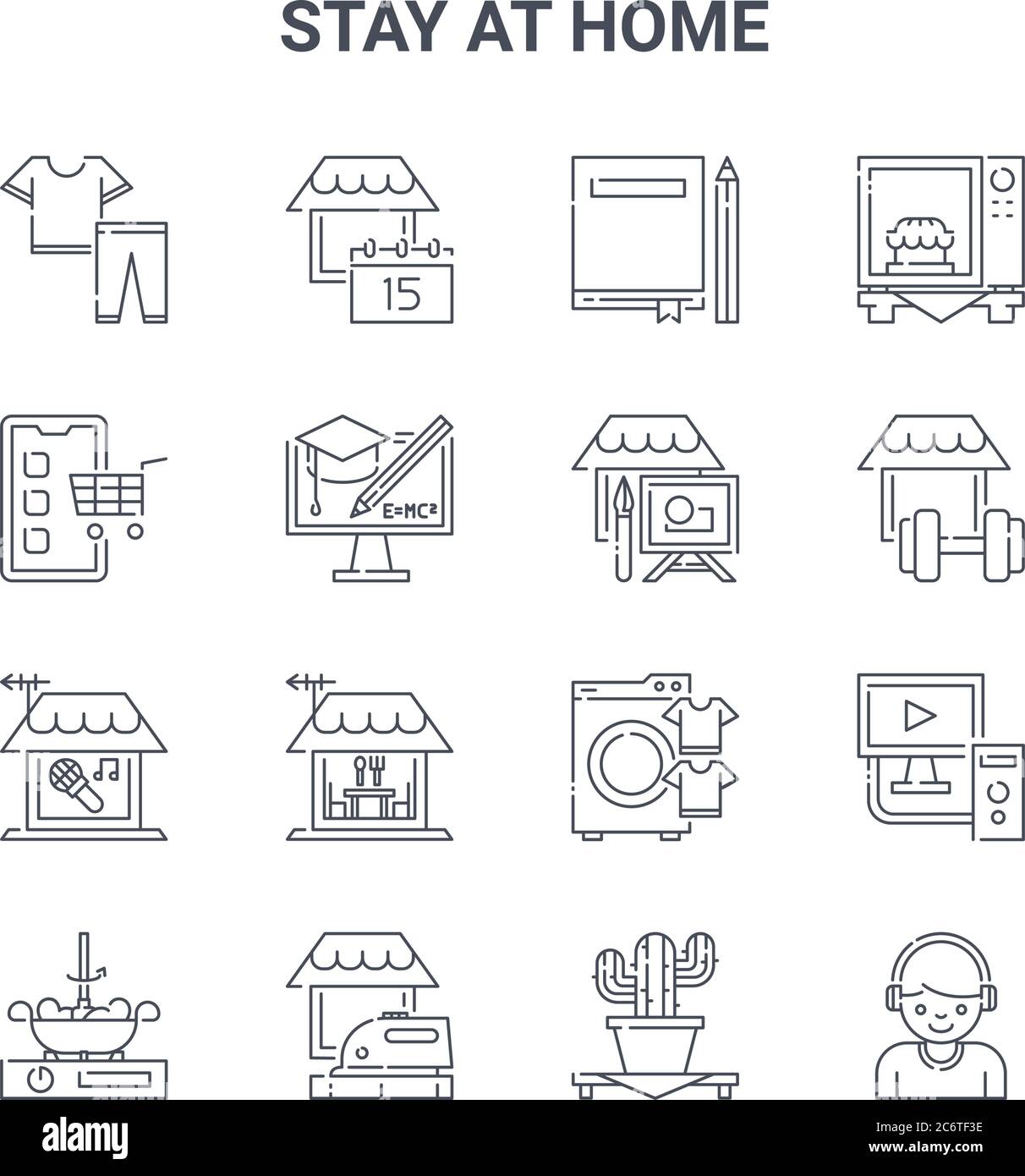set of 16 stay at home concept vector line icons. 64x64 thin stroke ...