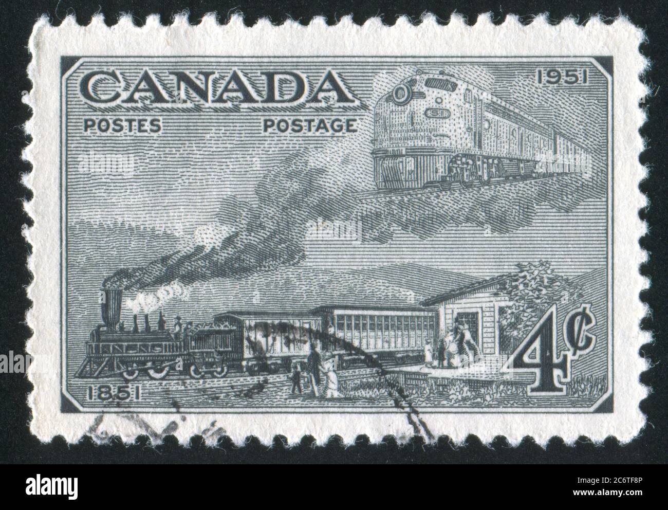 CANADA - CIRCA 1951: stamp printed by Canada, shows Trains of 1851 and ...
