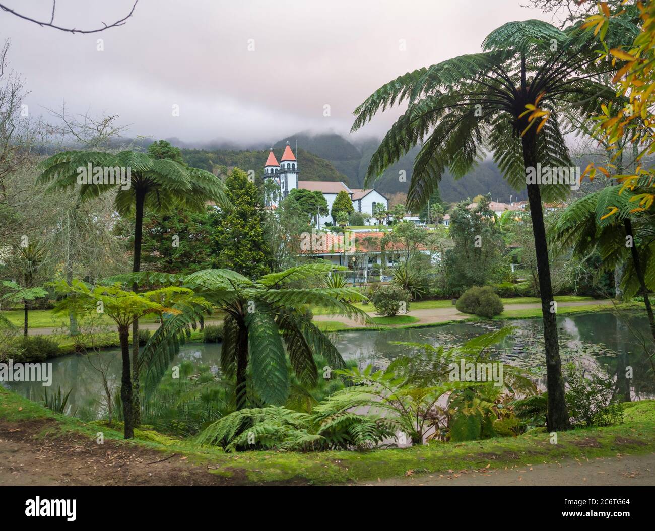 Church in Furnas village viewed from the Terra Nostra garden Botanical ...