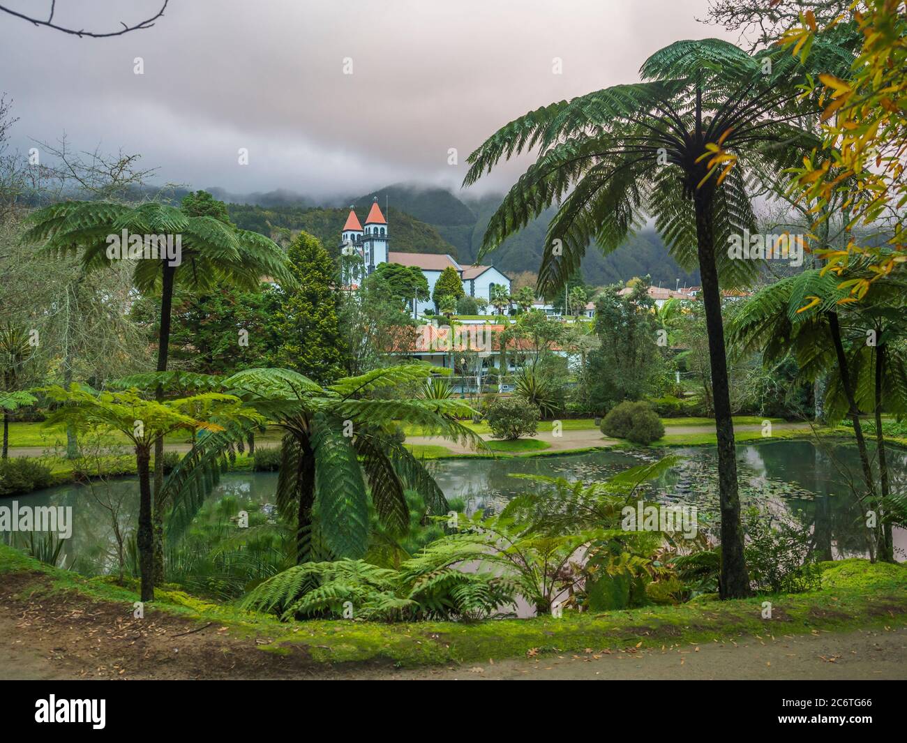 Church in Furnas village viewed from the Terra Nostra garden Botanical ...