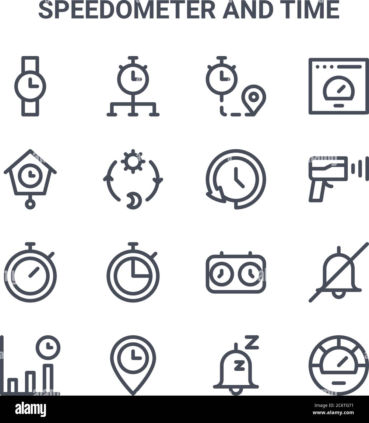 set of 16 speedometer and time concept vector line icons. 64x64 thin ...