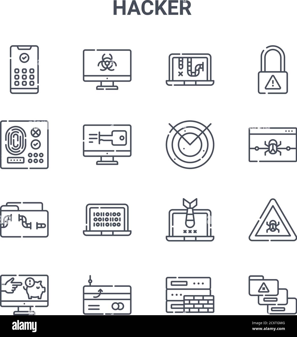 set of 16 hacker concept vector line icons. 64x64 thin stroke icons ...