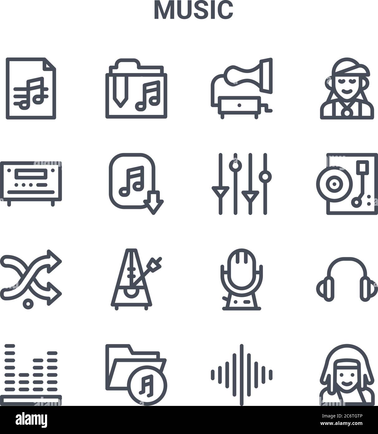 set of 16 music concept vector line icons. 64x64 thin stroke icons such ...