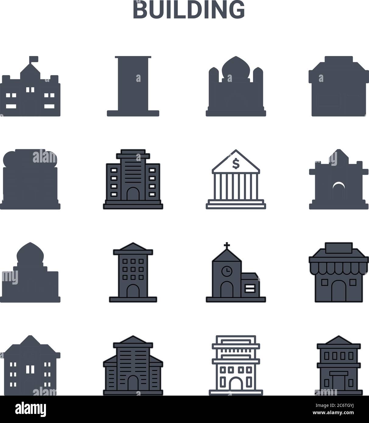 set of 16 building concept vector line icons. 64x64 thin stroke icons ...