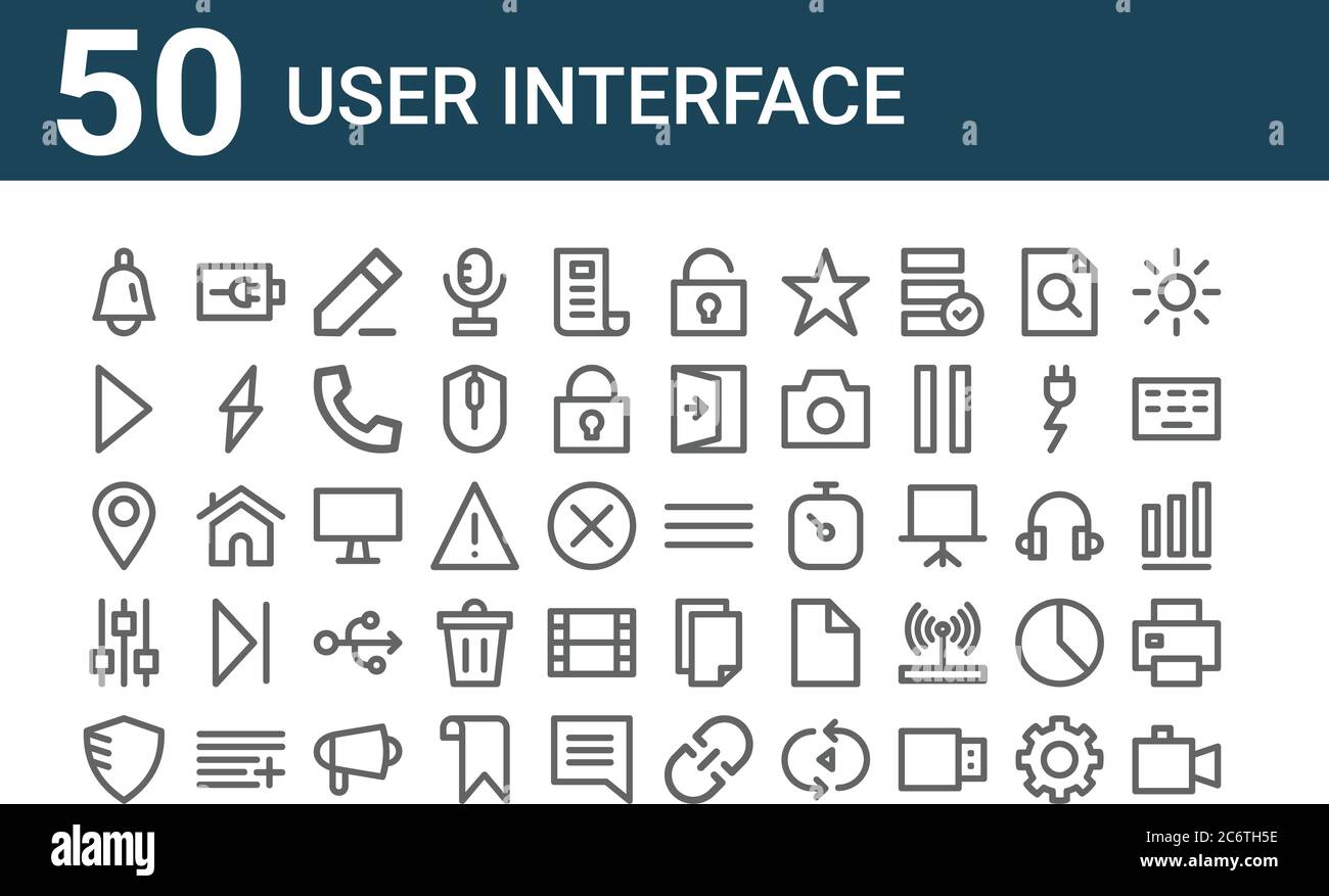 set of 50 user interface icons. outline thin line icons such as video ...