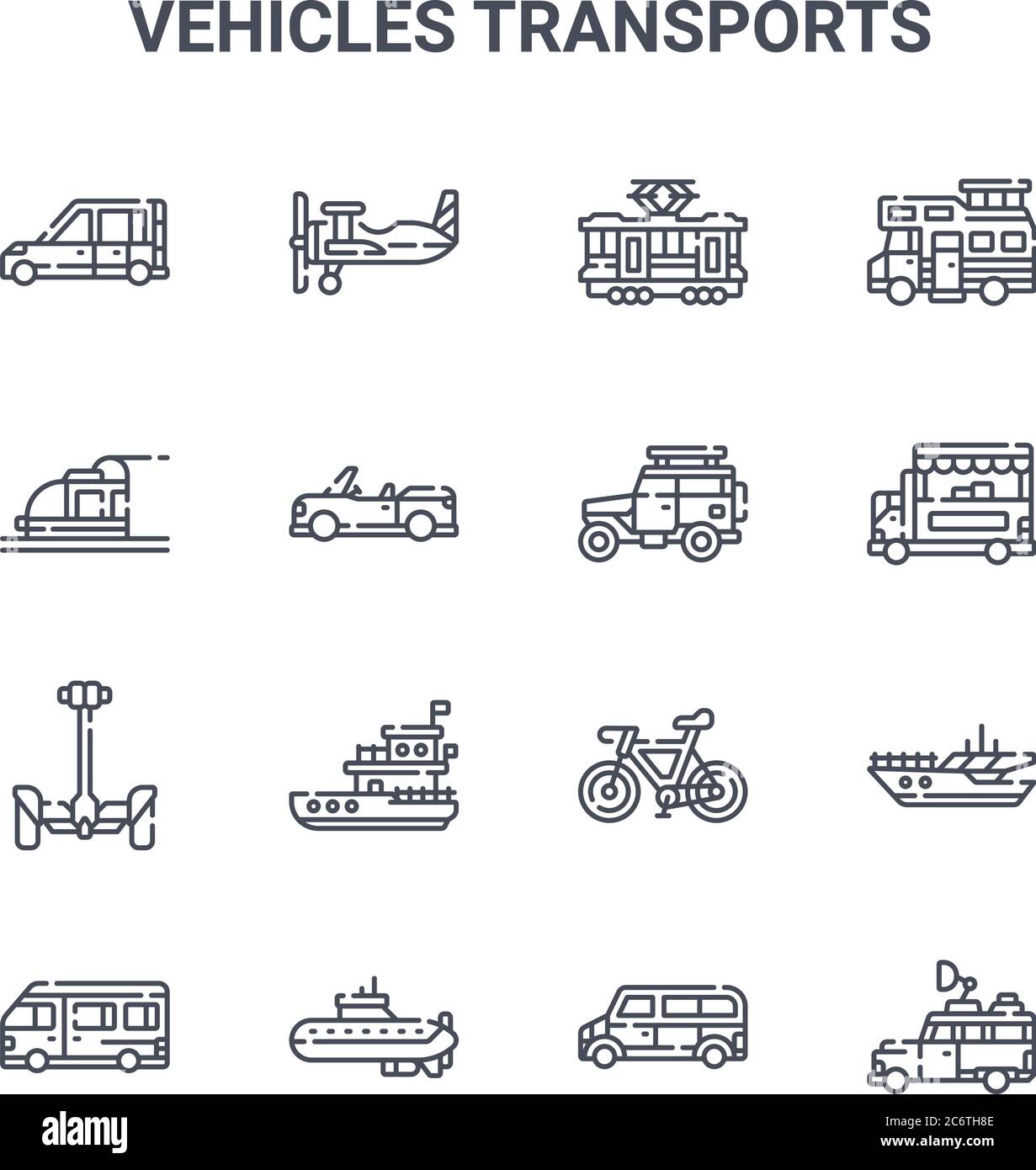 set of 16 vehicles transports concept vector line icons. 64x64 thin ...