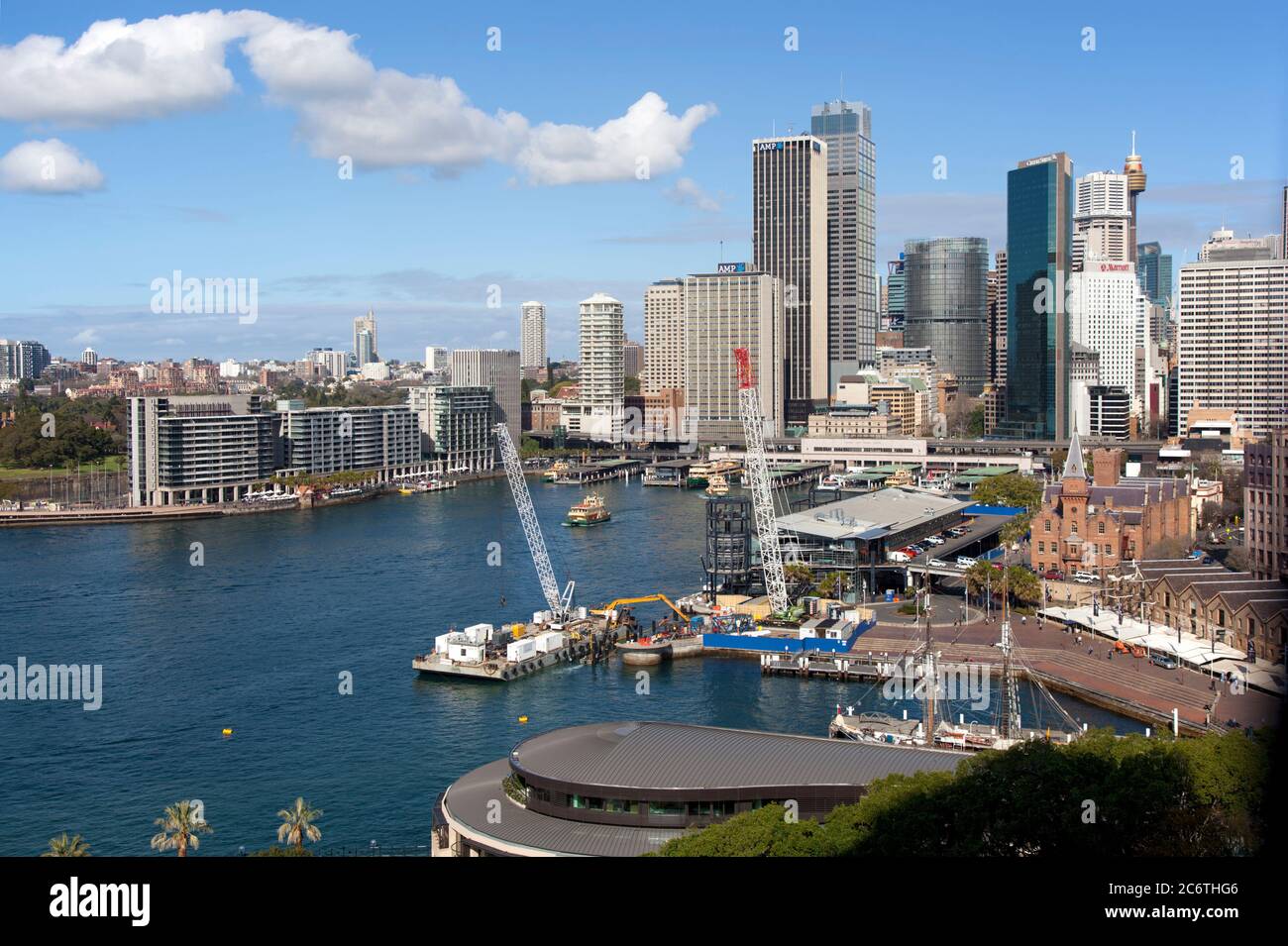 Sydney harbour, ferries and city buildings viewed from the bridge Stock ...