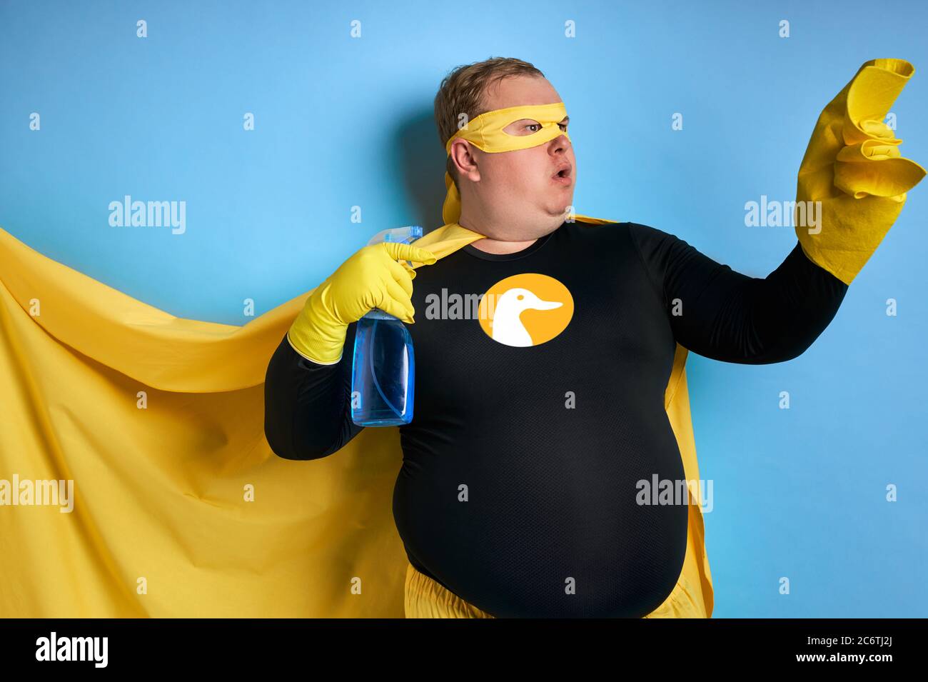 let's save the planet from dirt portrait of cleaning fat man in yellow ...