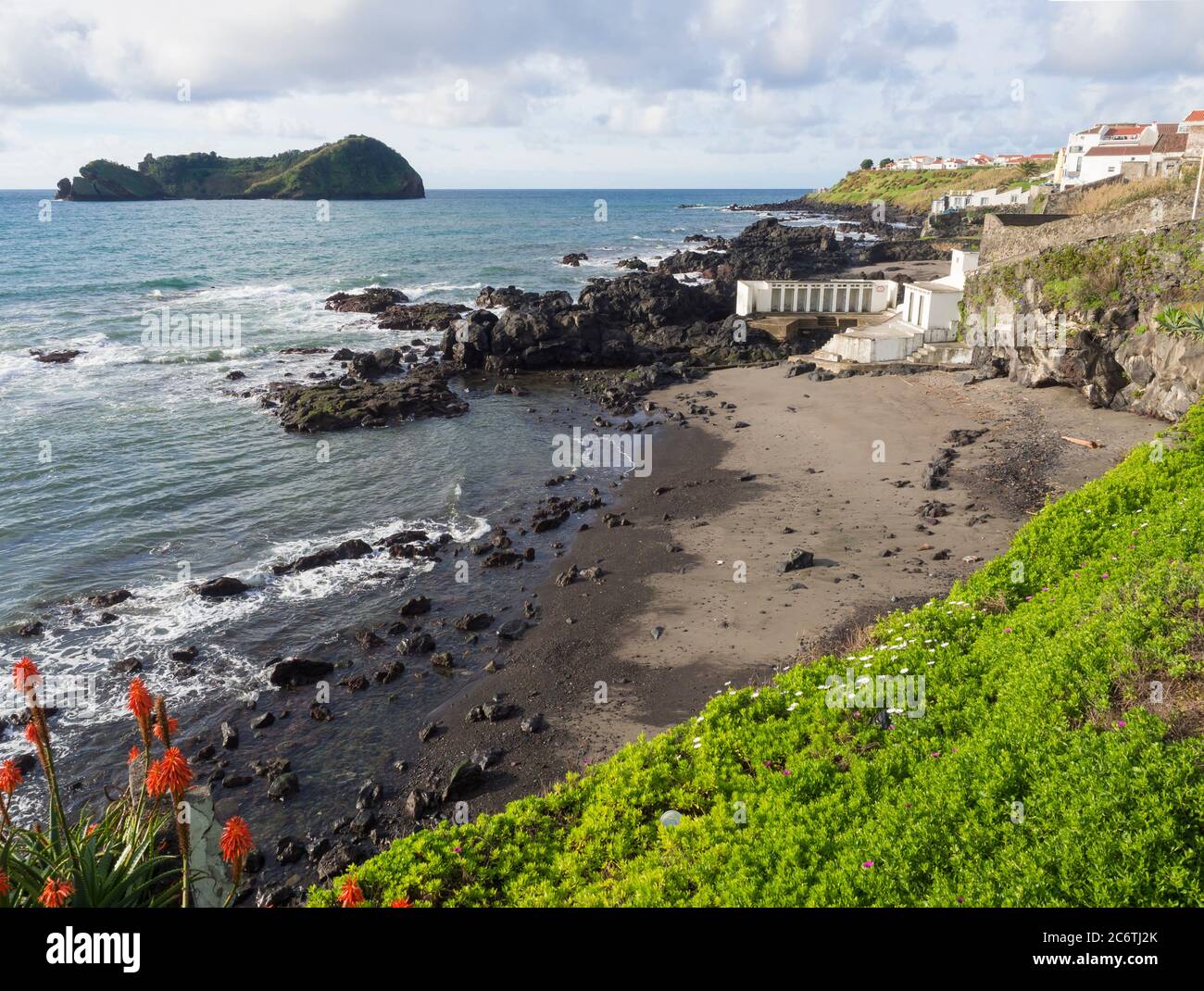 Sand beach of town Vila Franca do Campo with its famous volcanic islet ...