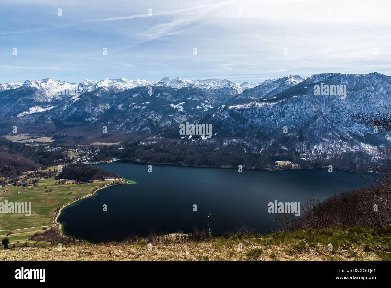 Lake Bohinj planina Vogar mountains alps Slovenia Stock Photo - Alamy