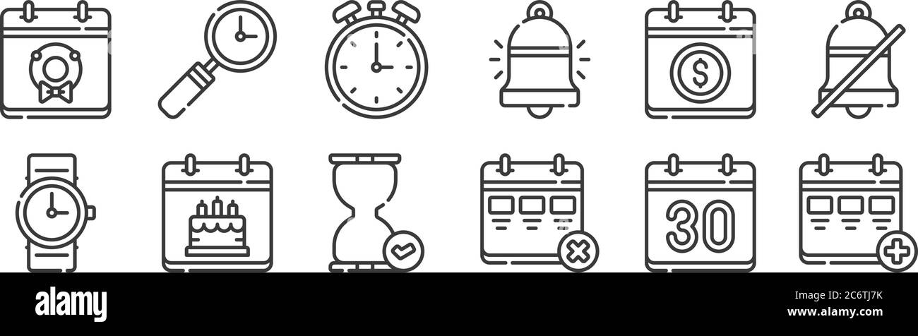 12 set of linear calendar and date icons. thin outline icons such as ...