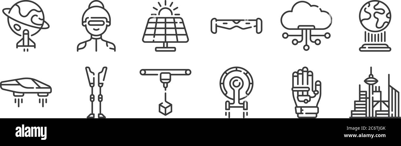 12 set of linear technology of the future icons. thin outline icons ...