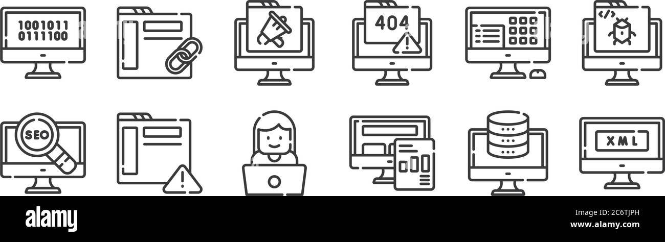 12 set of linear web development icons. thin outline icons such as xml ...