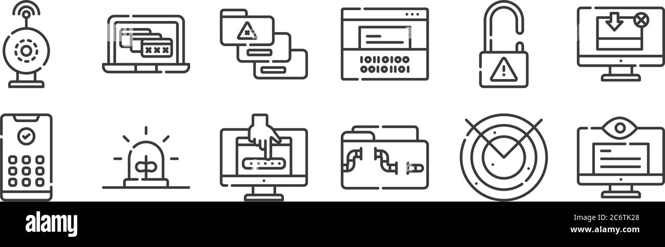 12 set of linear hacker icons. thin outline icons such as spy, malware ...