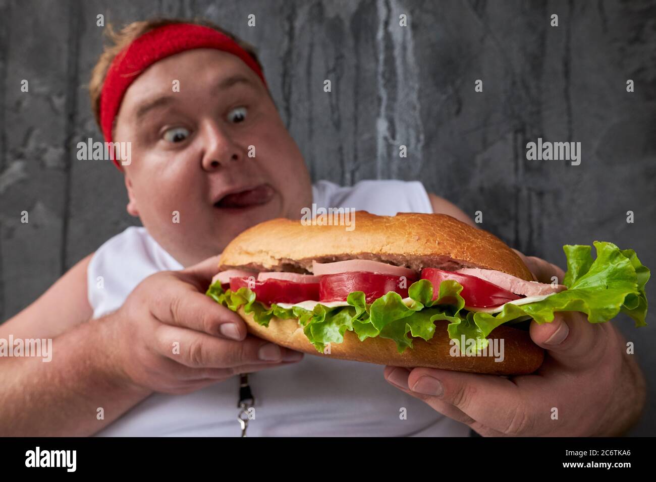 handsome caucasian fat man going to eat big tasty sandwich, he is not ...