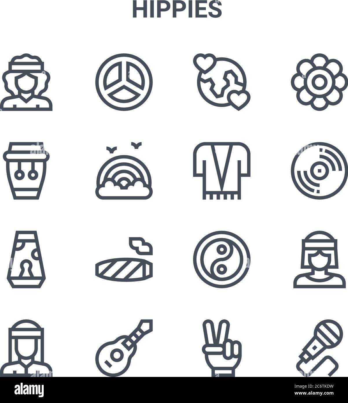 set of 16 hippies concept vector line icons. 64x64 thin stroke icons ...