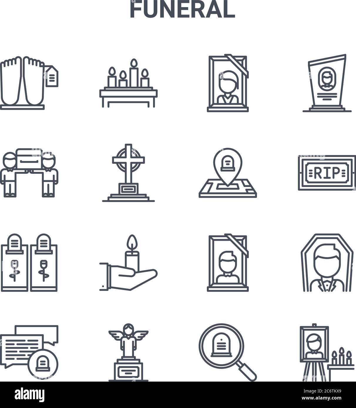 set of 16 funeral concept vector line icons. 64x64 thin stroke icons ...