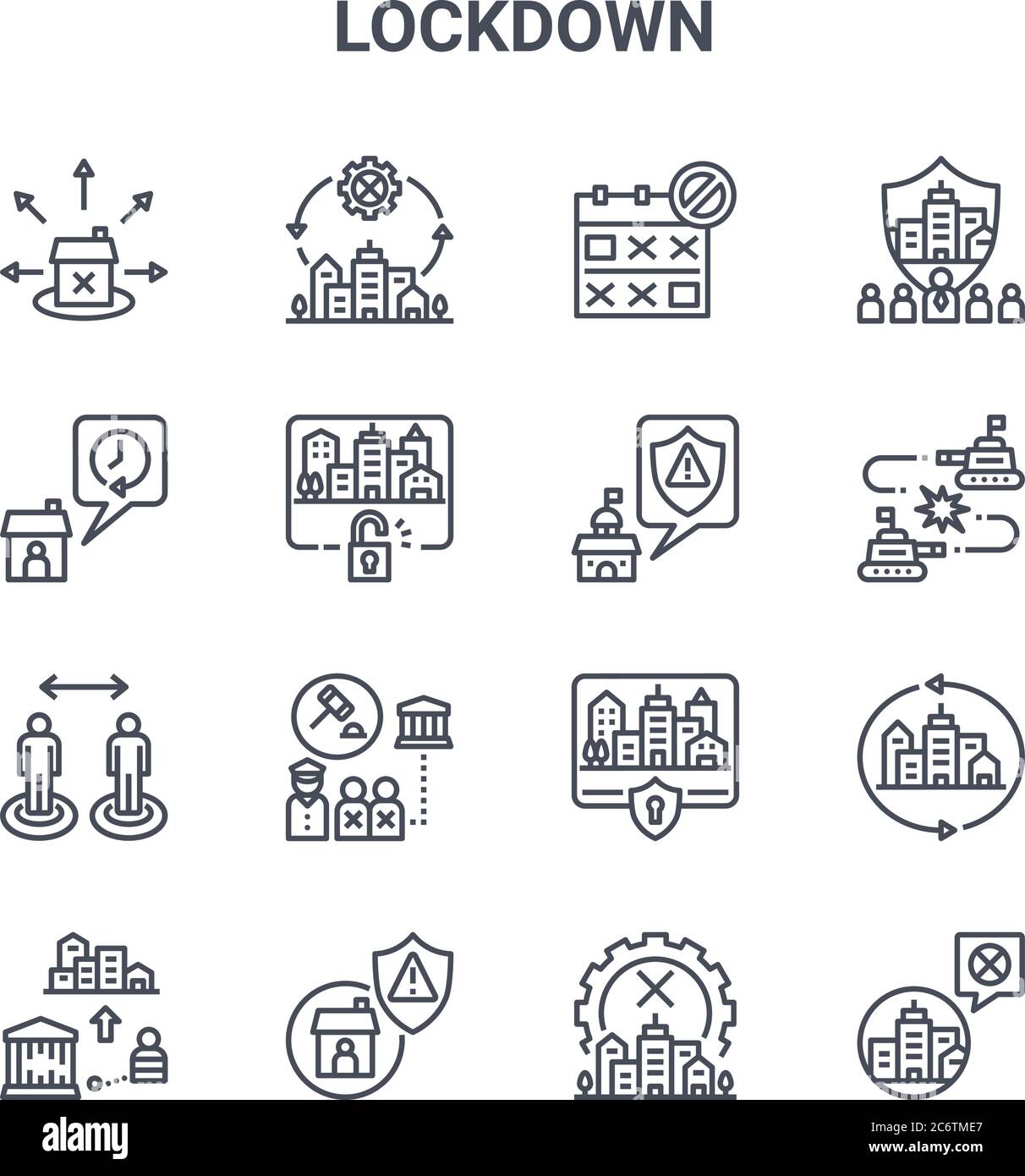 set of 16 lockdown concept vector line icons. 64x64 thin stroke icons ...