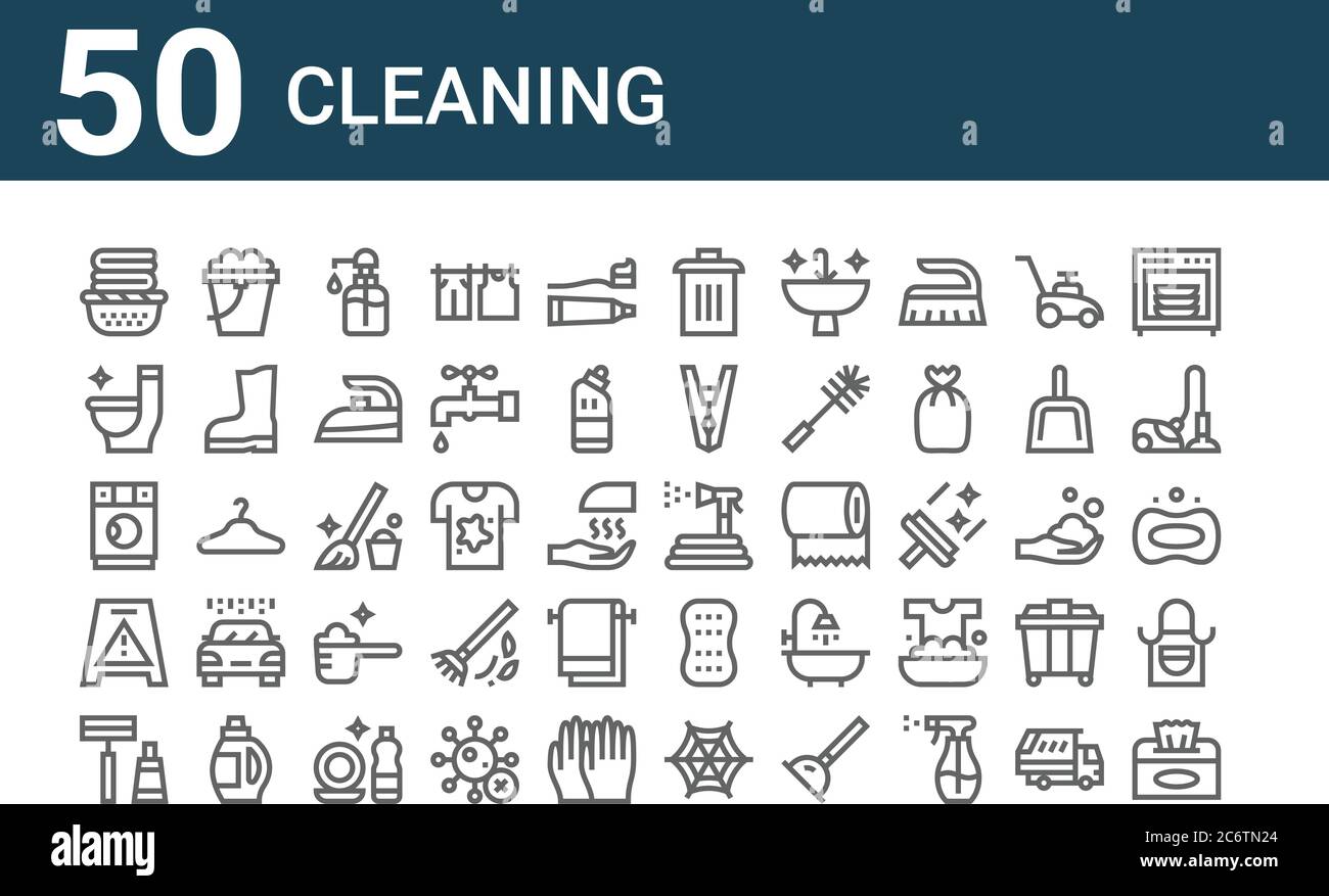 set of 50 cleaning icons. outline thin line icons such as tissue ...