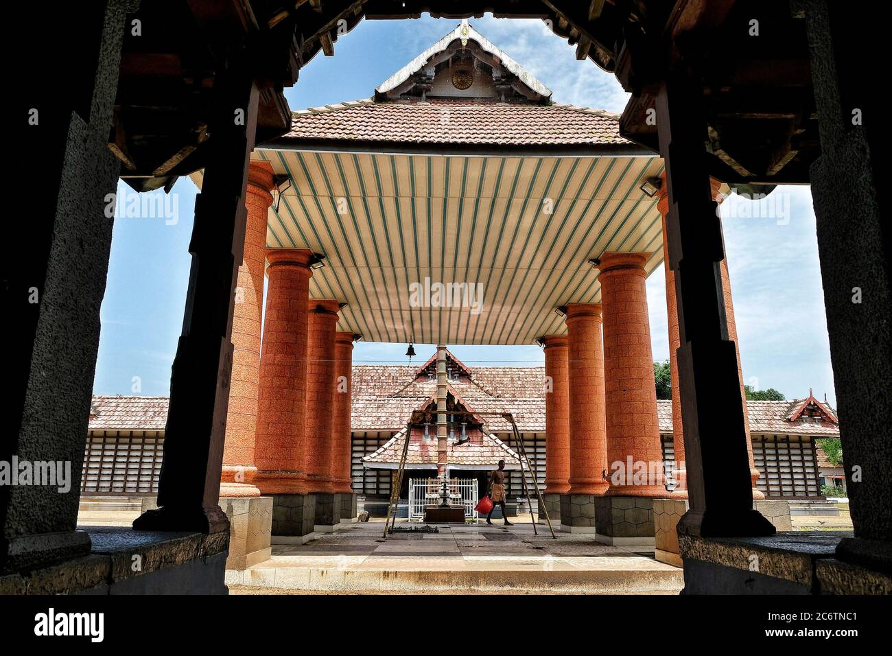 North Paravur, India - July 2020: A man walking inside the Peruvaram ...