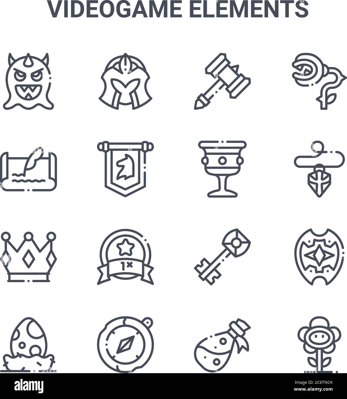 set of 16 videogame elements concept vector line icons. 64x64 thin stroke icons such as helmet ...