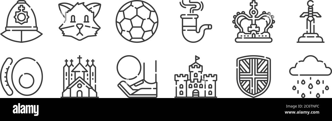 12 set of linear england icons. thin outline icons such as rainy ...