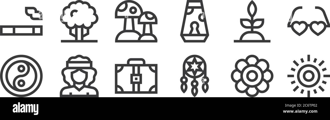 12 set of linear hippies icons. thin outline icons such as sun ...