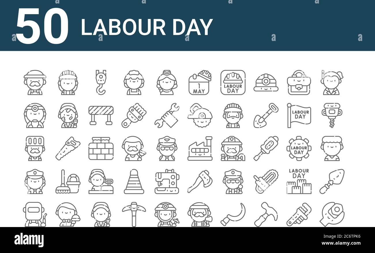 set of 50 labour day icons. outline thin line icons such as wrench ...
