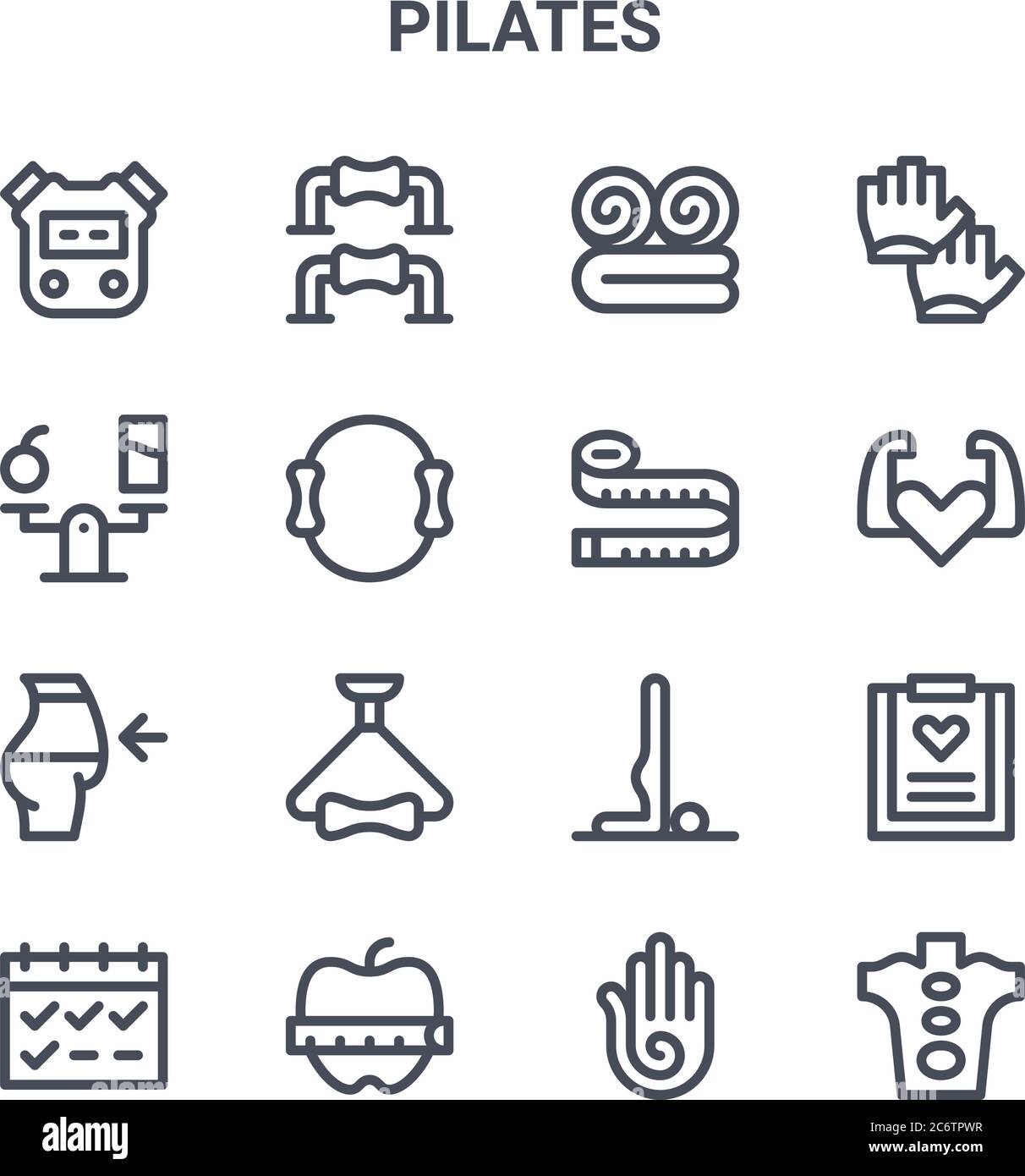set of 16 pilates concept vector line icons. 64x64 thin stroke icons ...