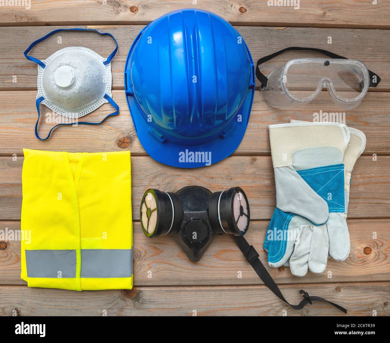Work safety protection equipment flat lay. Industrial protective gear ...