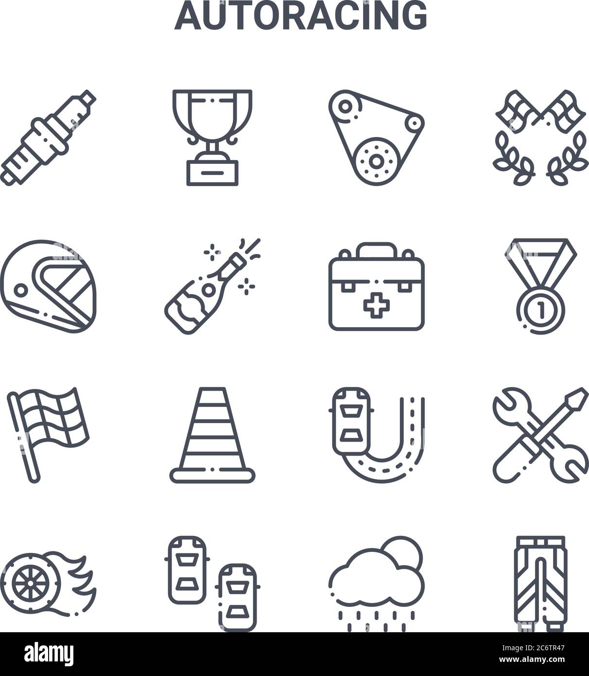 set of 16 autoracing concept vector line icons. 64x64 thin stroke icons ...