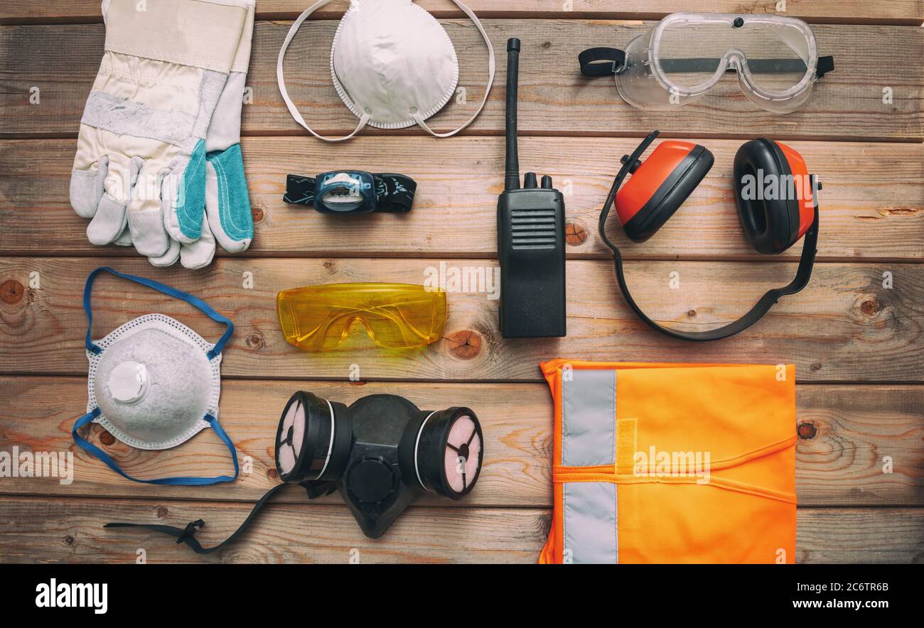 Work safety protection equipment flat lay. Industrial protective gear ...