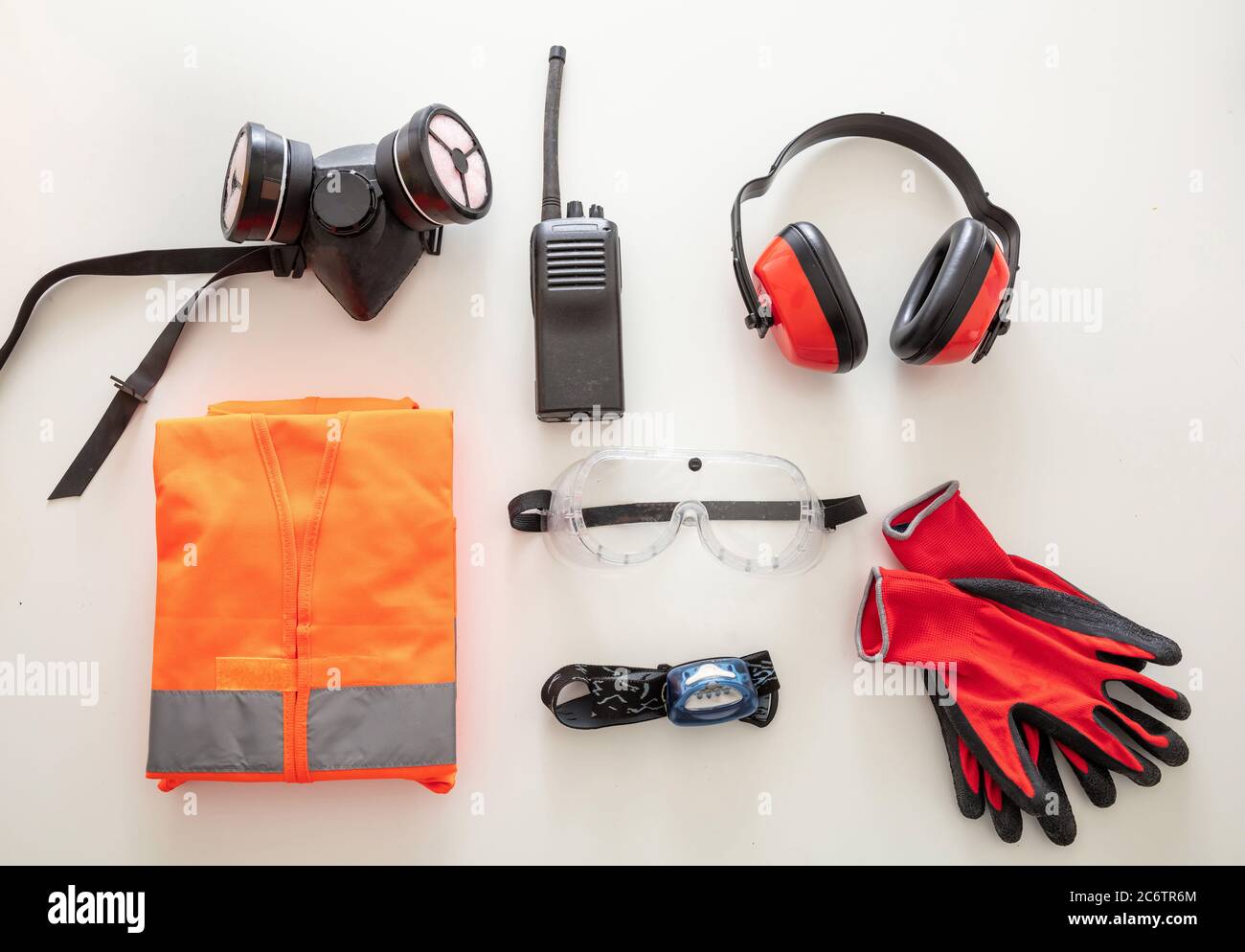 Work safety protection equipment flat lay. Industrial protective gear ...