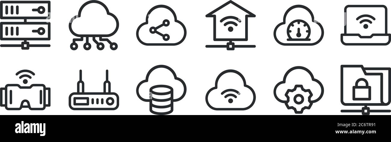 set of 12 thin outline icons such as folder, wifi, router, speed ...