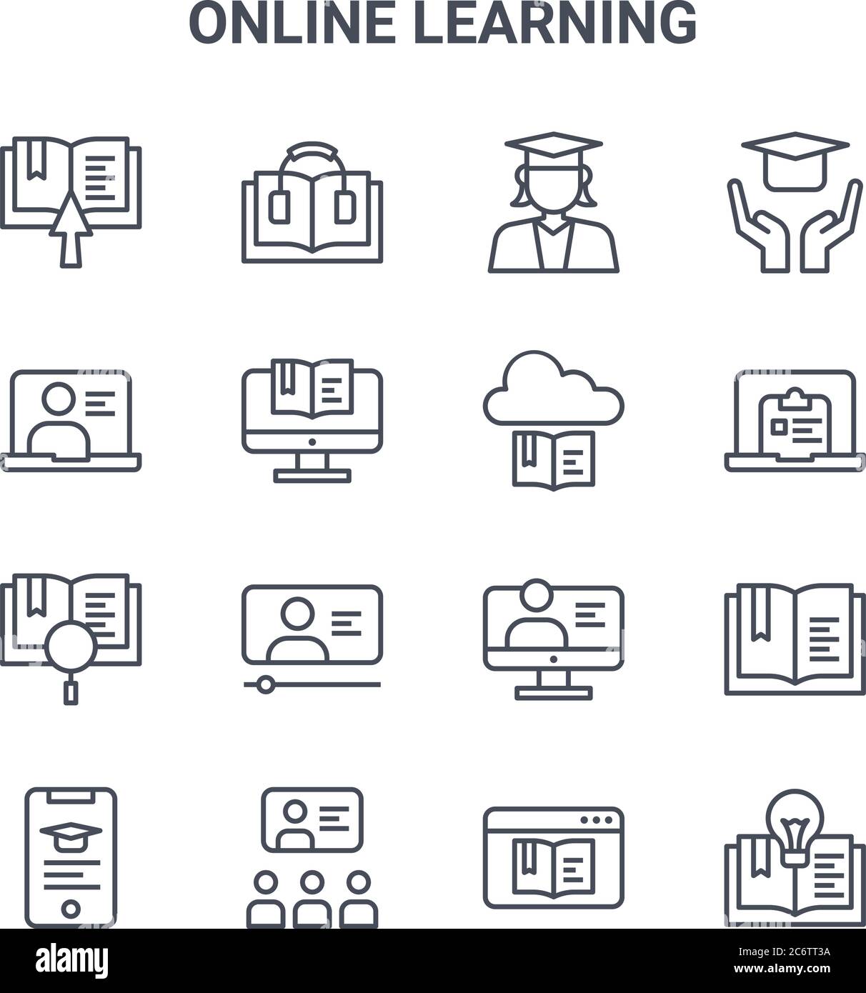 set of 16 online learning concept vector line icons. 64x64 thin stroke ...