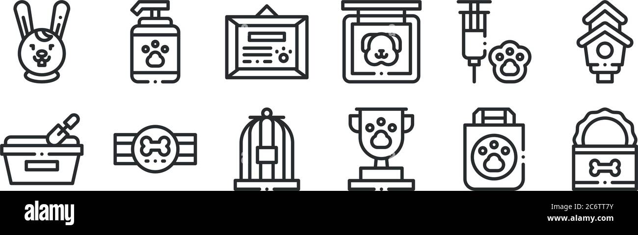 set of 12 thin outline icons such as can, trophy, badge, syringe ...