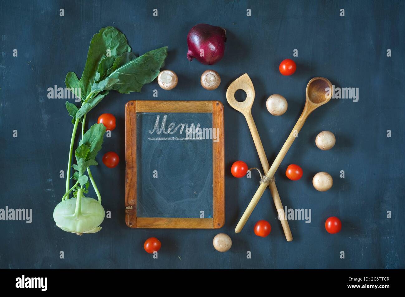Restaurant menu template with vegetables and empty black board Stock ...