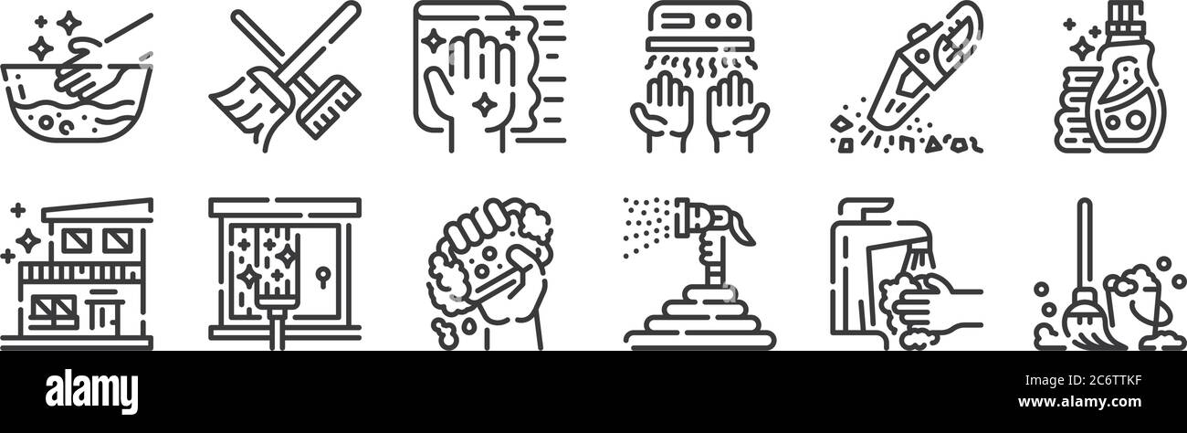 12 set of linear cleaning icons. thin outline icons such as mop, hose ...