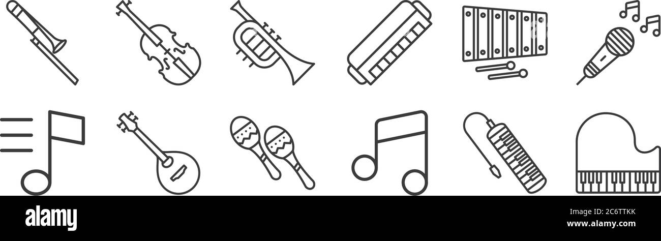 12 set of linear music instruments icons. thin outline icons such as ...