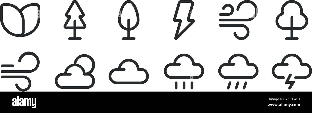 set of 12 thin outline icons such as storm, rain, weather, wind, tree ...