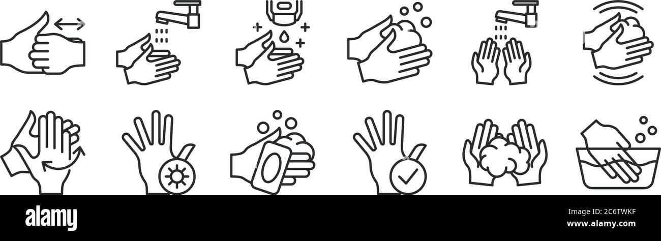set of 12 thin outline icons such as washing hand, hand, hand, washing ...