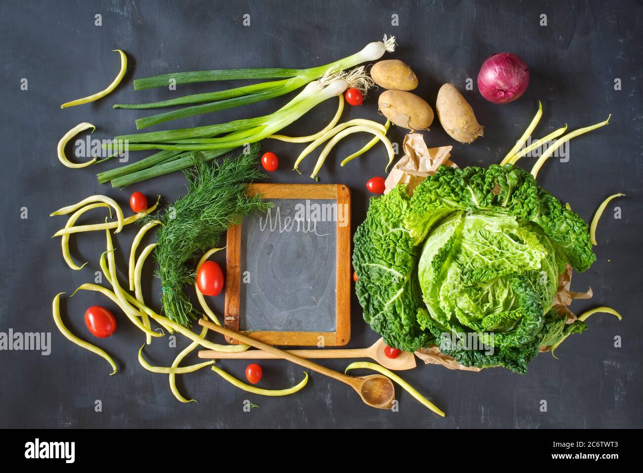 food ingredients, black board, flat lay, cooking concept, restaurant ...