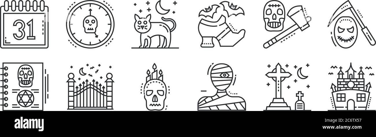 set of 12 thin outline icons such as haunted house, mummy, gate, axe ...