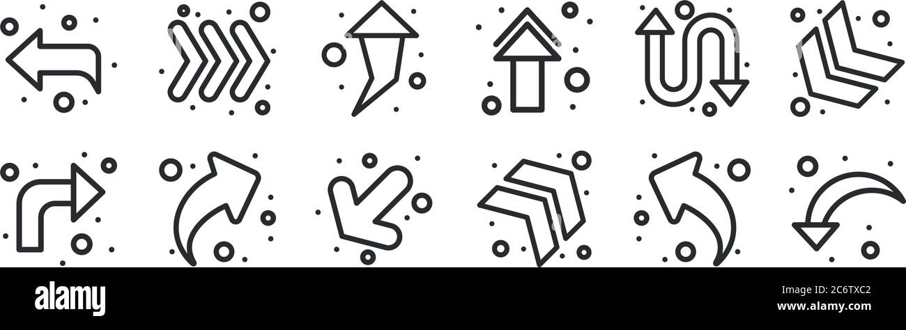 set of 12 thin outline icons such as down left arrow, turn right, arrow upper right, double ...
