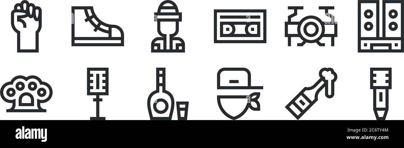 set of 12 thin outline icons such as microphone, rap, microphone, drum ...