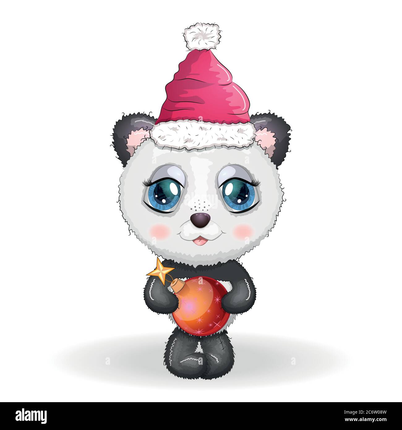 Cute cartoon panda bear with big eyes in a red Santa Claus hat with a ...