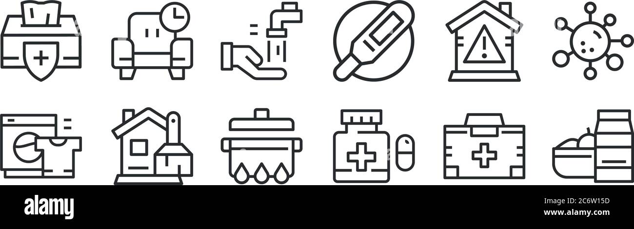 set of 12 thin outline icons such as food, medicine, cleaning, stay at ...