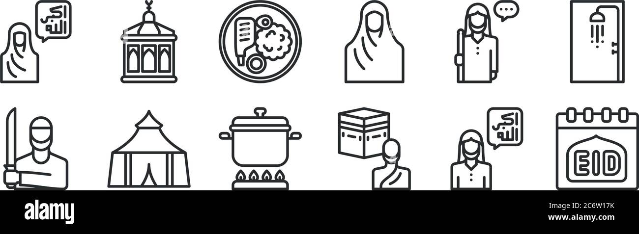 set of 12 thin outline icons such as calendar, hajj, tent, arab man ...